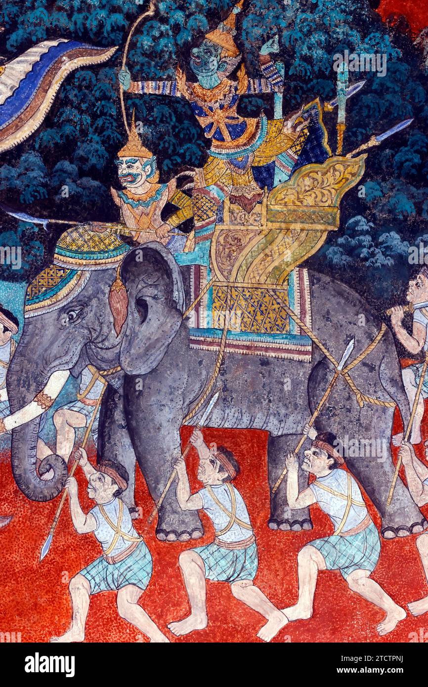 Royal palace complex. Murals of scenes from the Khmer (Reamker) version ...