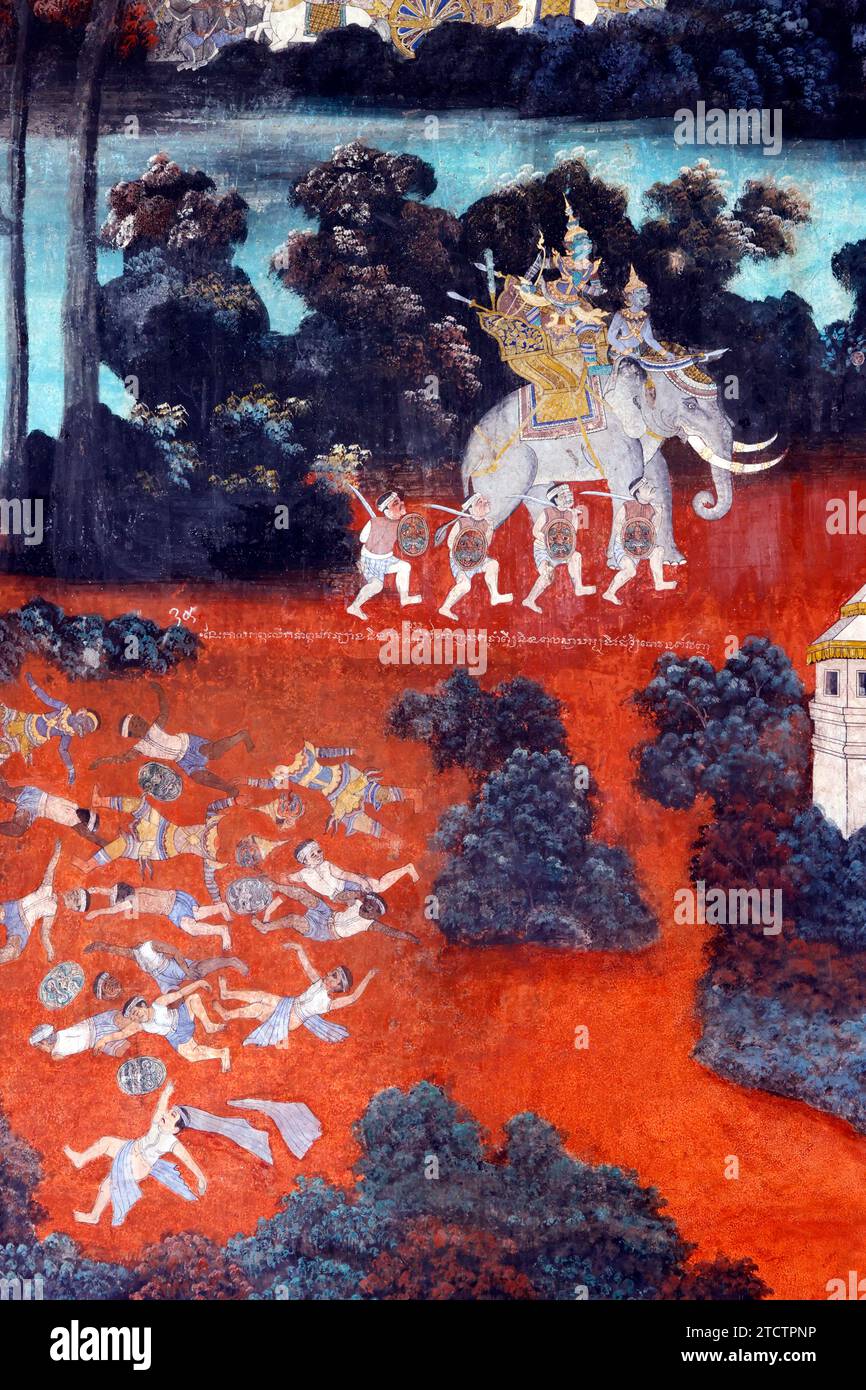 Royal palace complex. Murals of scenes from the Khmer (Reamker) version ...