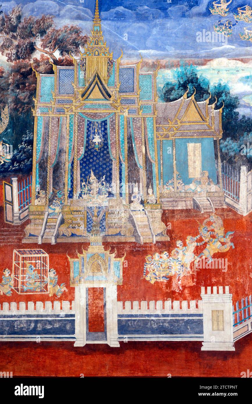 Royal palace complex. Murals of scenes from the Khmer (Reamker) version ...