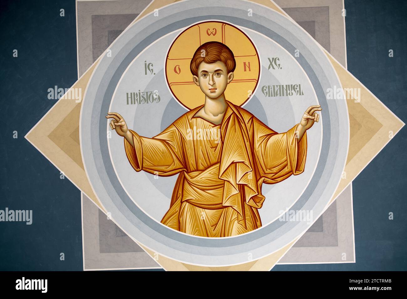 Fresco in an orthodox church in Timisoara, Romania. Jesus blessing the ...