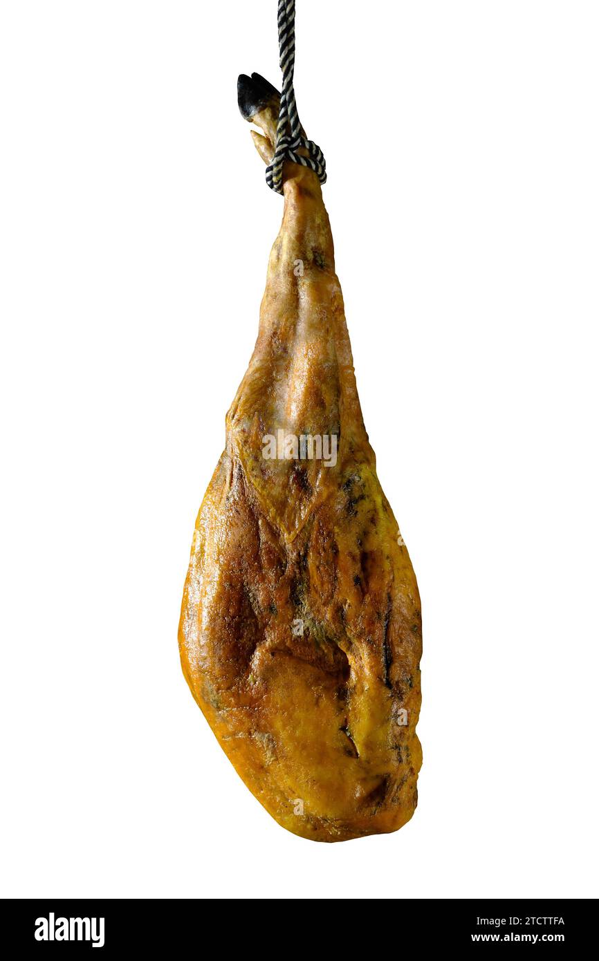 Whole dry Spanish ham isolated on white background Stock Photo - Alamy