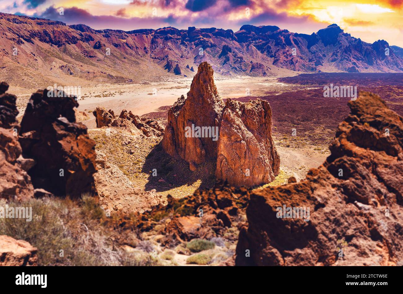 Colorful scenic landscape of sunset in Tenerife national park of Teide ...