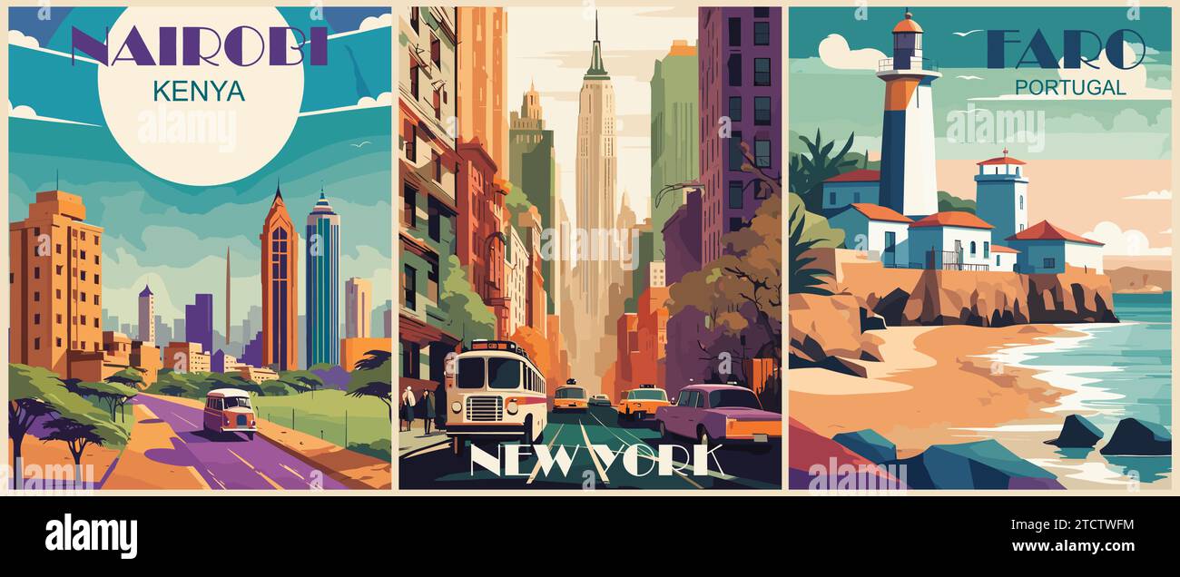 Set of Travel Destination Posters in retro style Stock Vector Image ...
