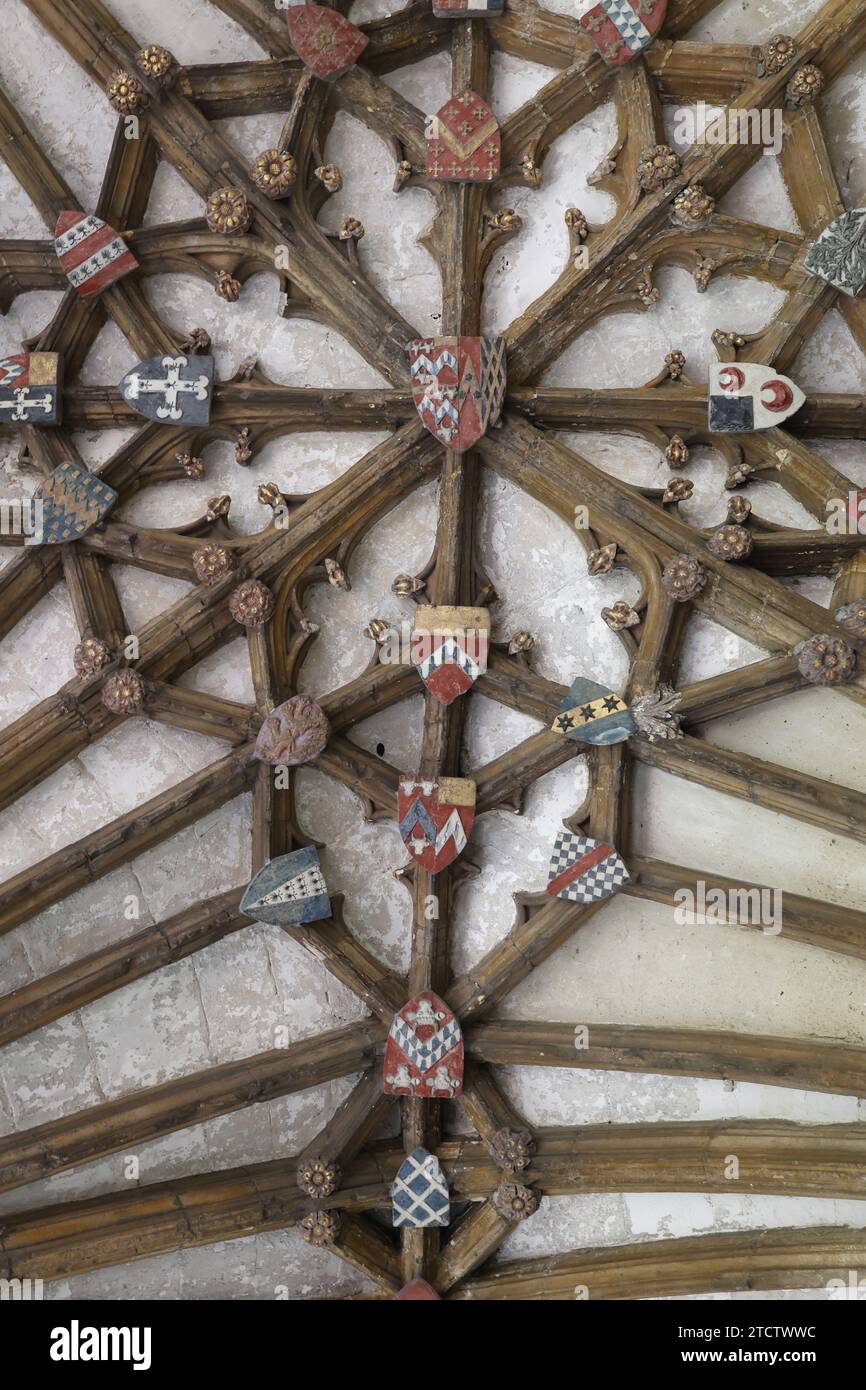 Canterbury cathedral, Kent, U.K. Cloister ceiling with coats of arms ...