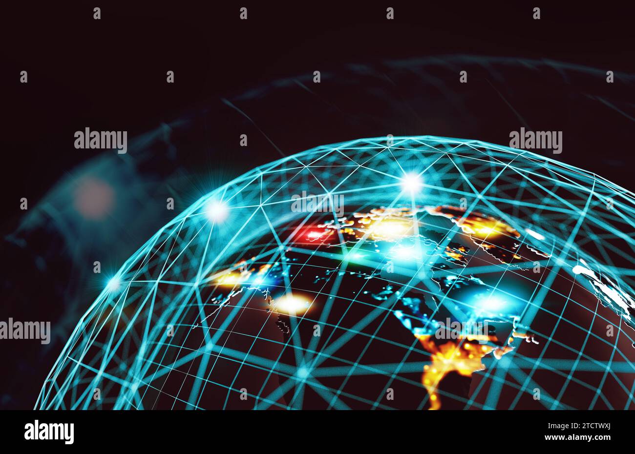 World map and city lights. Global social network and internet concept ...