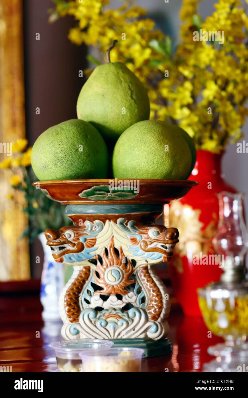 Lam Te Pagoda. Offerings on main altar. Fruits. Ho Chi Minh city ...