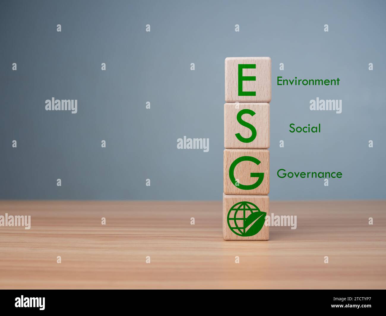 ESG concept of environmental, social and governance, wood block and ...