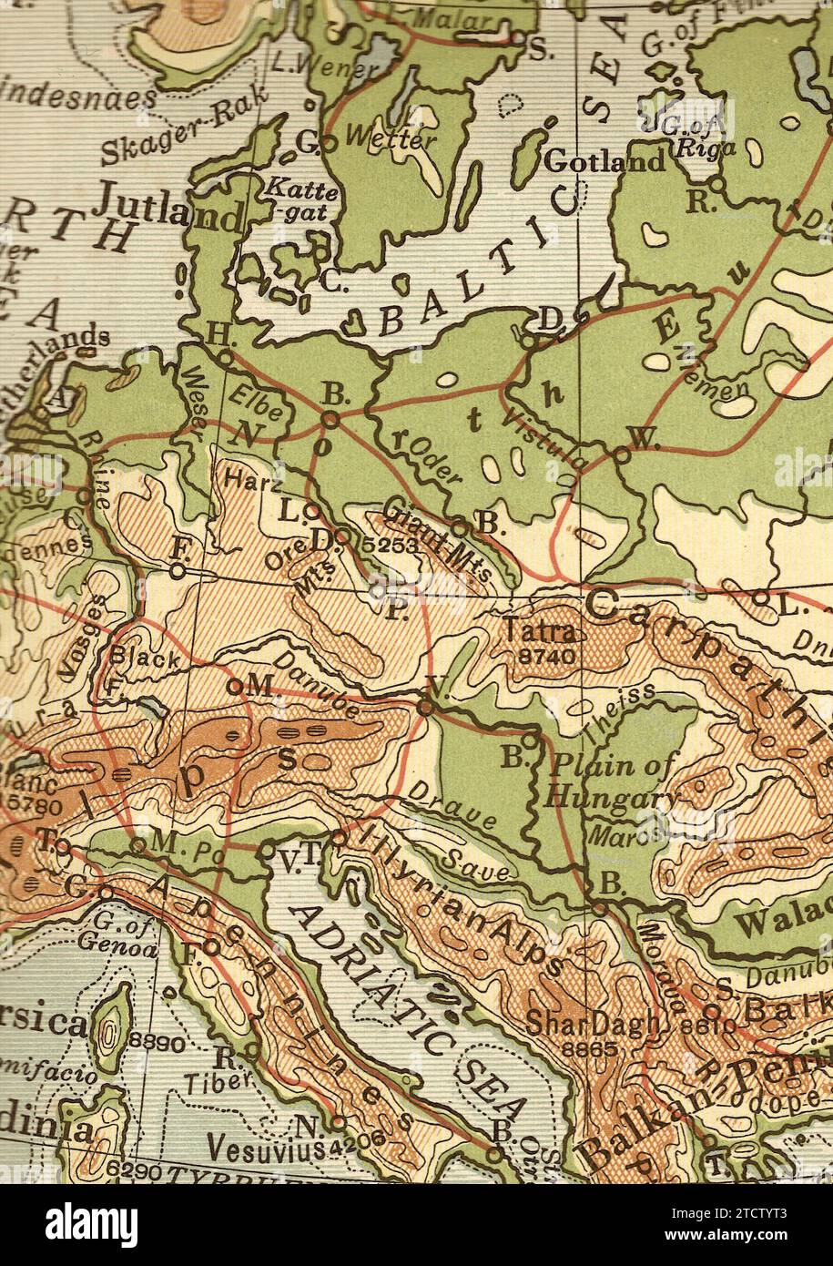 A vintage/antique geographical map in sepia of central Europe Stock ...