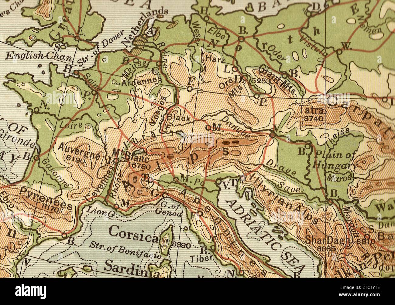 A vintage/antique geographical map in sepia of central Europe Stock ...