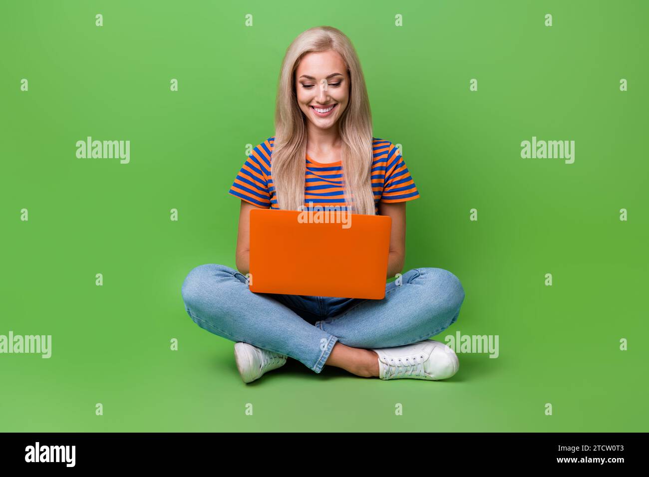 Full length body size photo of cheerful blonde hair girl coding using ...