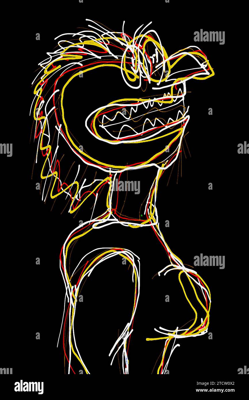 Side view middle shot portrait monster woman sketchy colorful linear ...