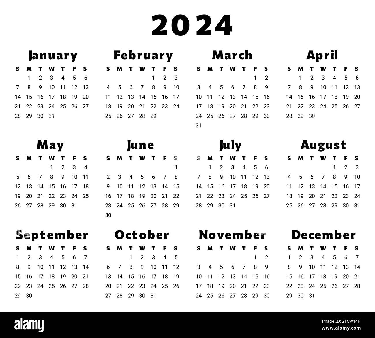 2024 year ENGLISH calendar in black color. Printable vector ...