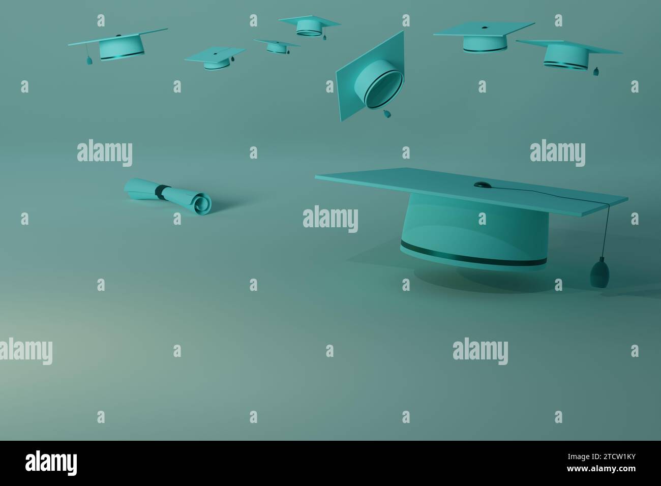 3d render of graduation caps and diploma on pastel blue background ...