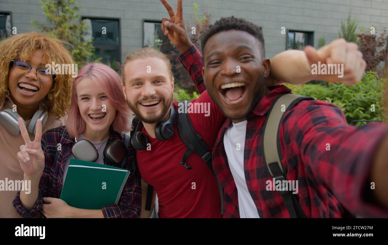 Diverse multiracial college university friends happy gen z multiethnic people teens students ...