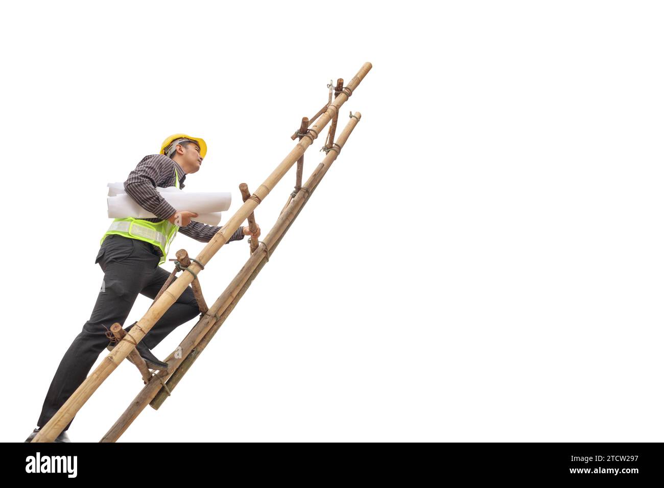 Asian business man construction engineer hold blueprint paper climb on ...