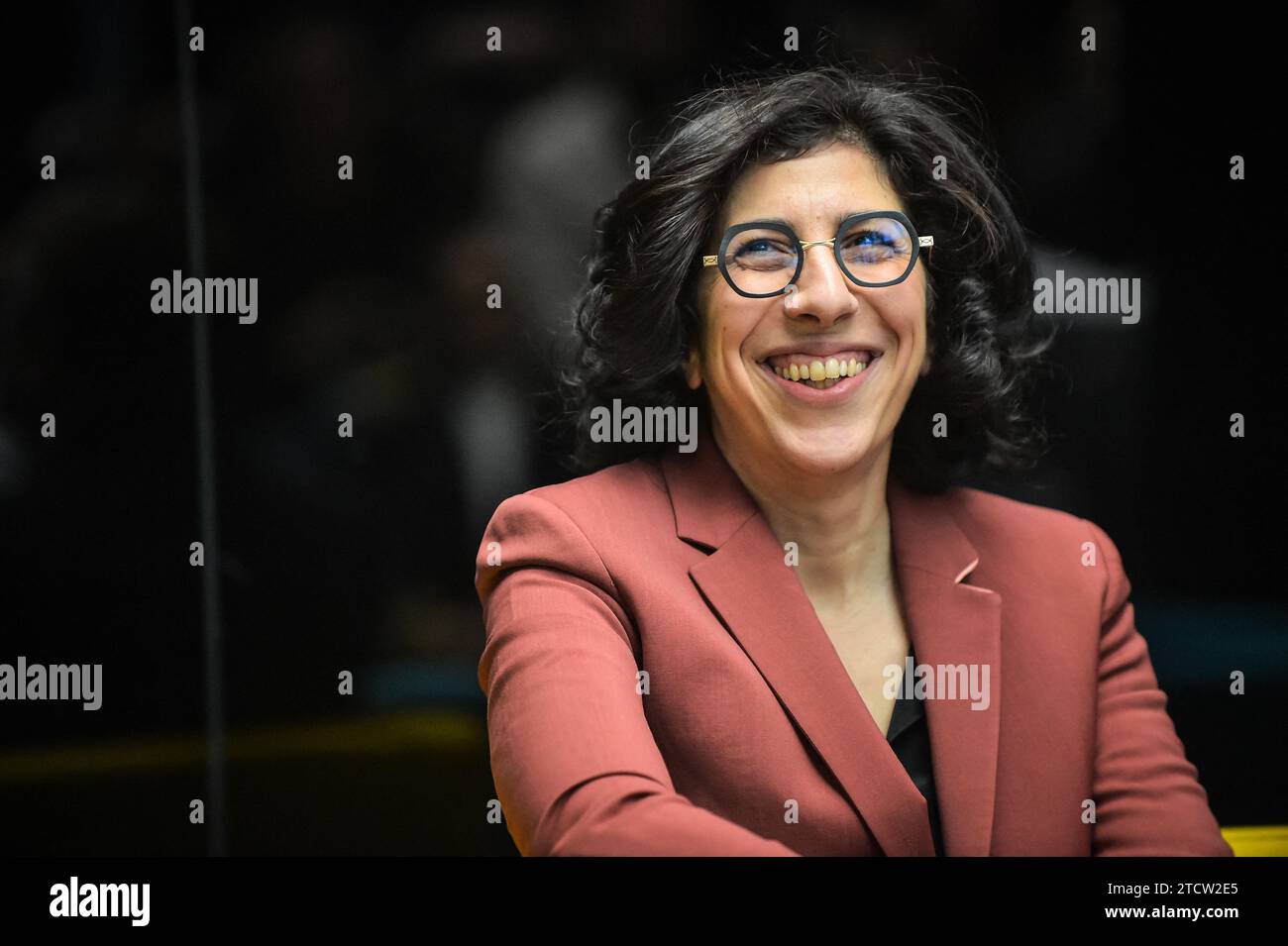 French Culture Minister Rima Abdul-Malak smiles during a visit to ...