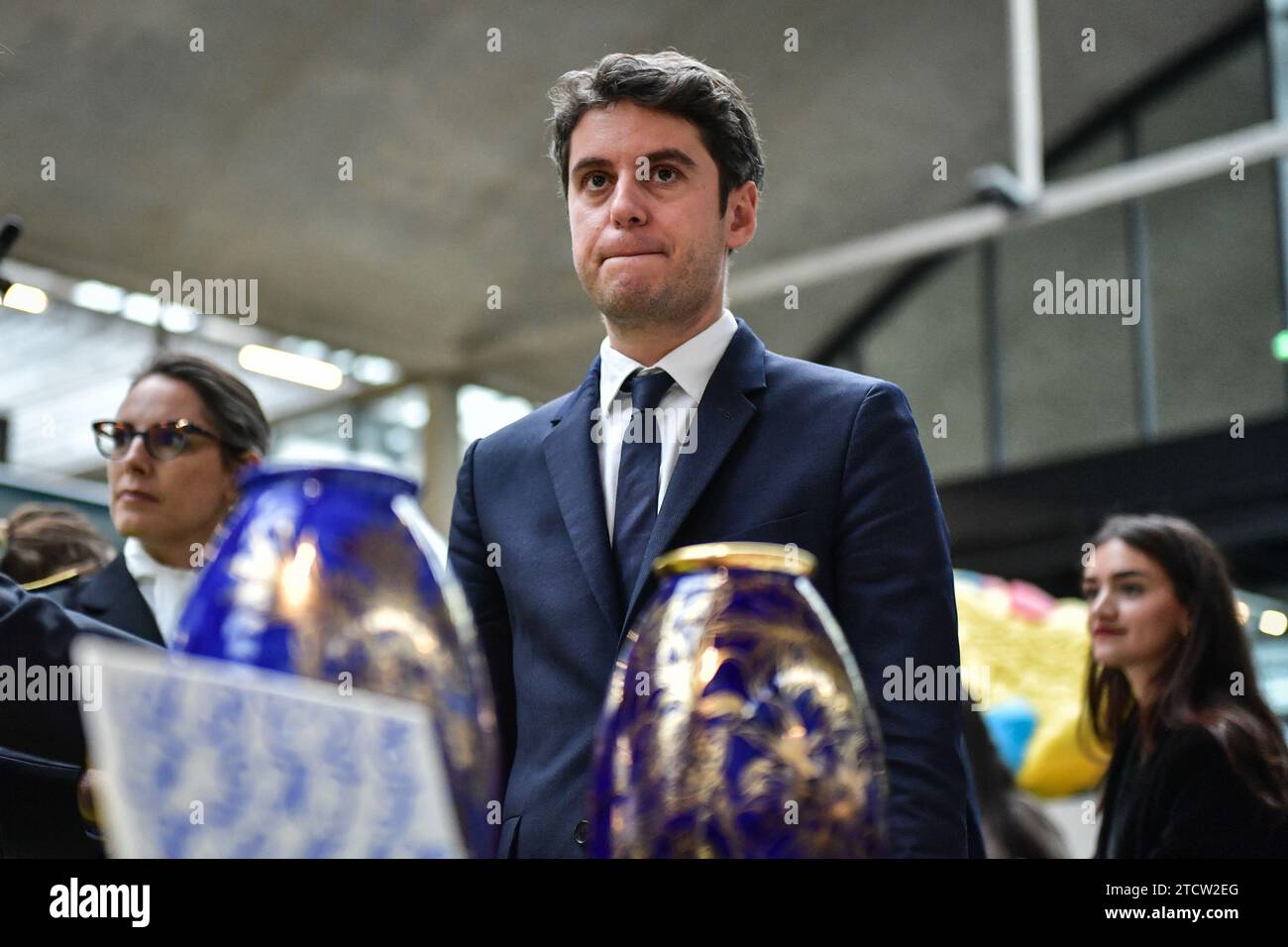 French Education and Youth Minister Gabriel Attal (C) visits workshops ...