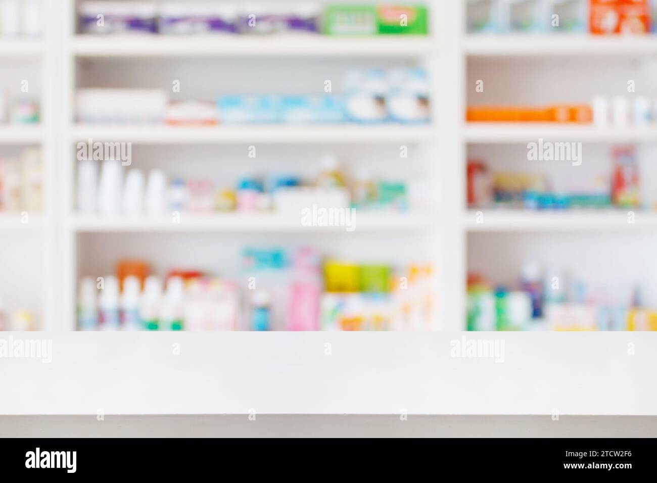 Pharmacy drugstore counter table with blur abstract backbround with ...