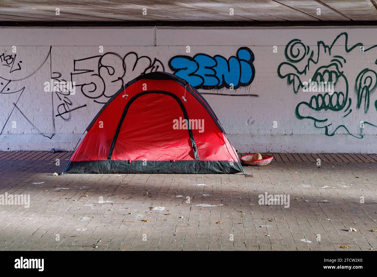 Birmingham, West Midlands - December 2023: A red tent pitched beneath a ...