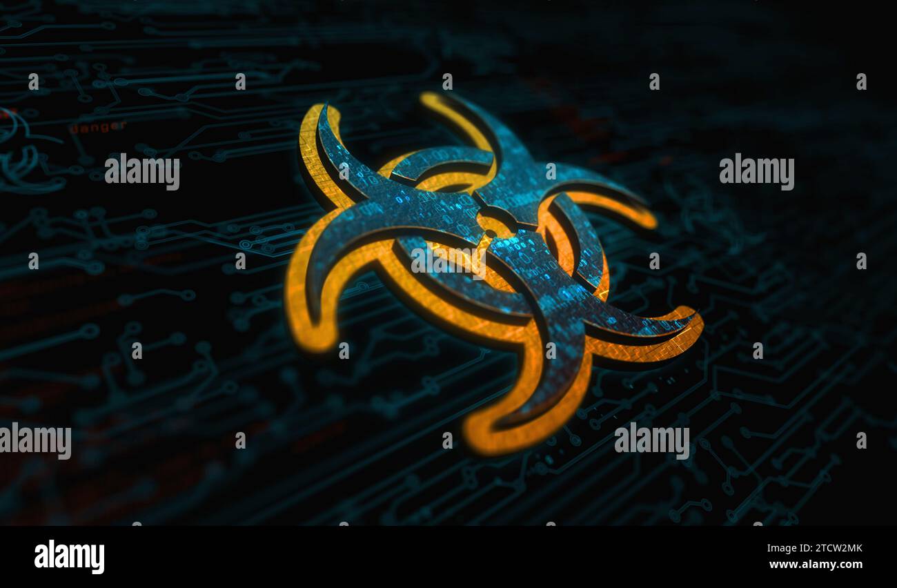 Biohazard danger alert and virus warning symbol digital concept. Network, cyber technology and ...