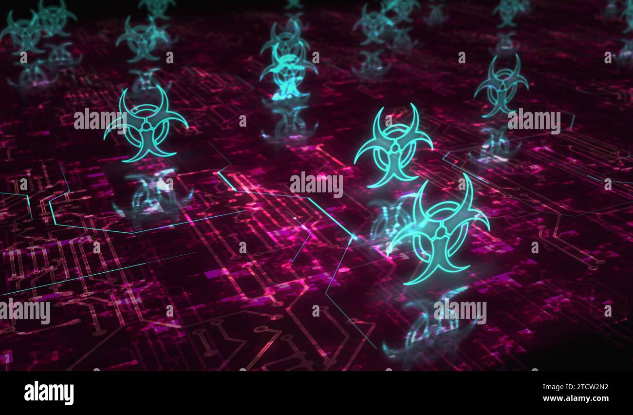 Biohazard danger alert and virus warning symbol digital concept. Network, cyber technology and ...