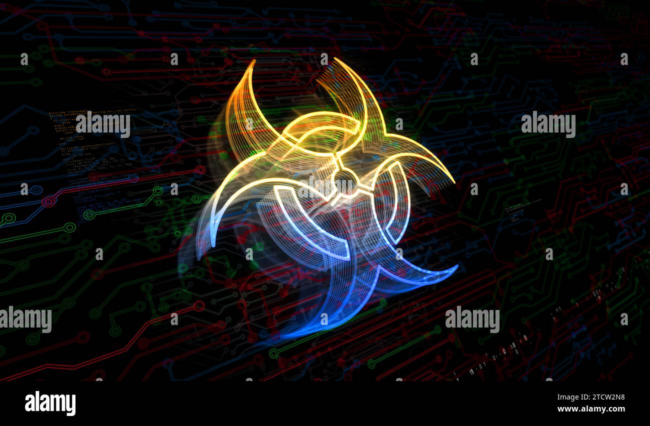 Biohazard danger alert and virus warning symbol digital concept. Network, cyber technology and ...