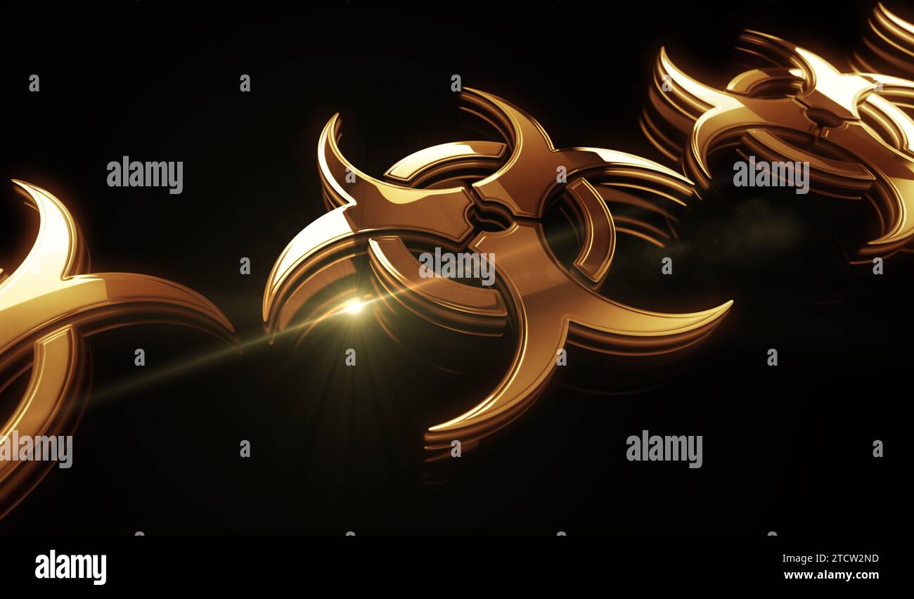 Biohazard danger alert and virus warning golden metal shine symbol ...