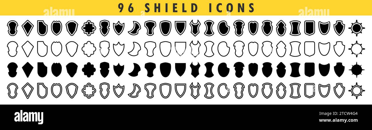 Shield icons big set with contours and linear signs. Collection signs ...