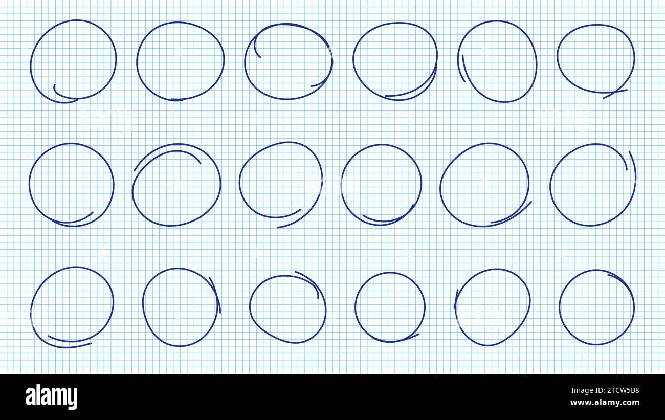 Hand drawn pen circles line sketch set on notebook pages. Drawing blue pen circular scribble ...