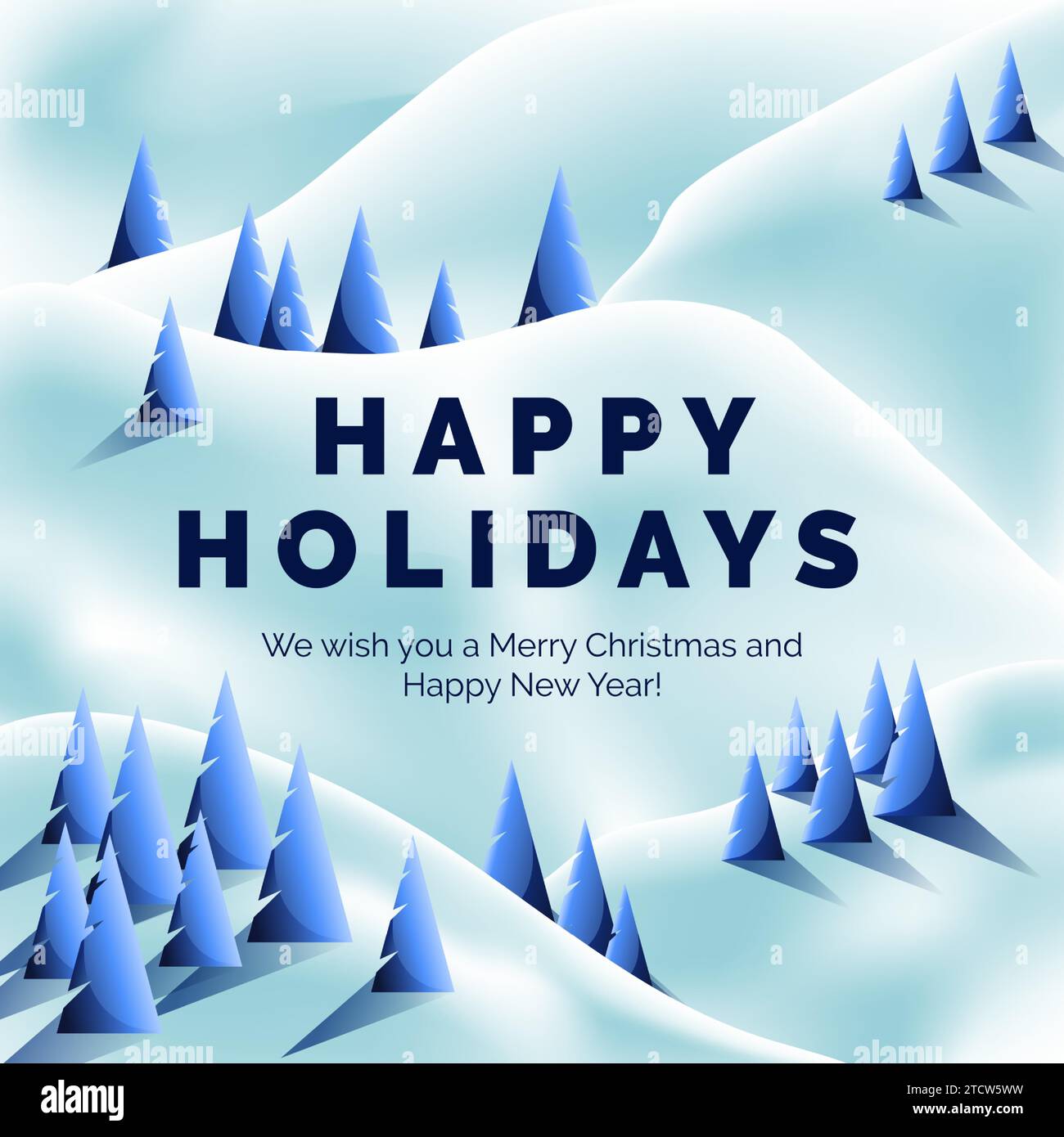 Happy Holidays greeting card with lettering and snowy mountain hillside ...