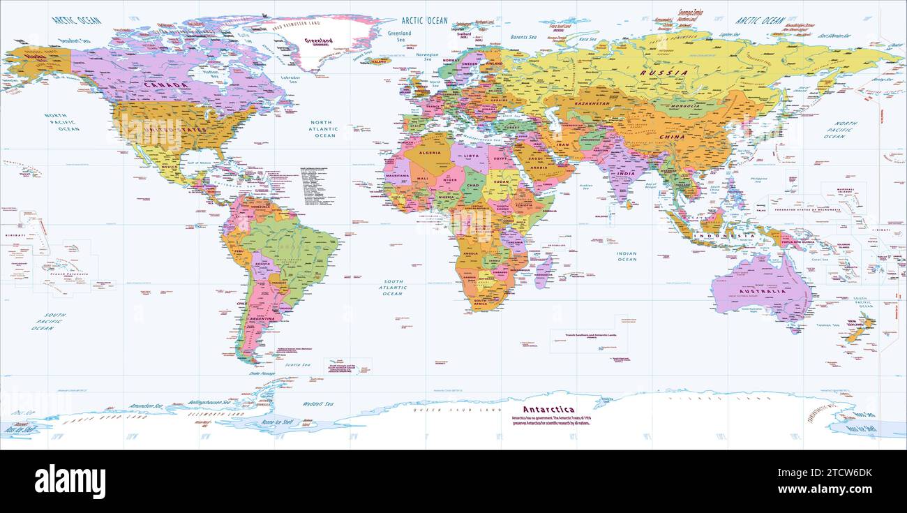 English language Political world map Equirectangular projection Stock ...