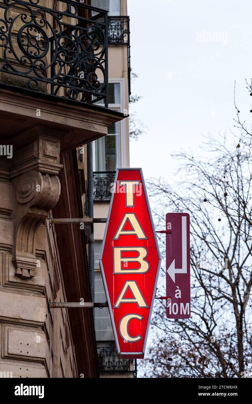 Paris, France. 12th Dec, 2023. Illustration tobacco (tabac) logo in ...