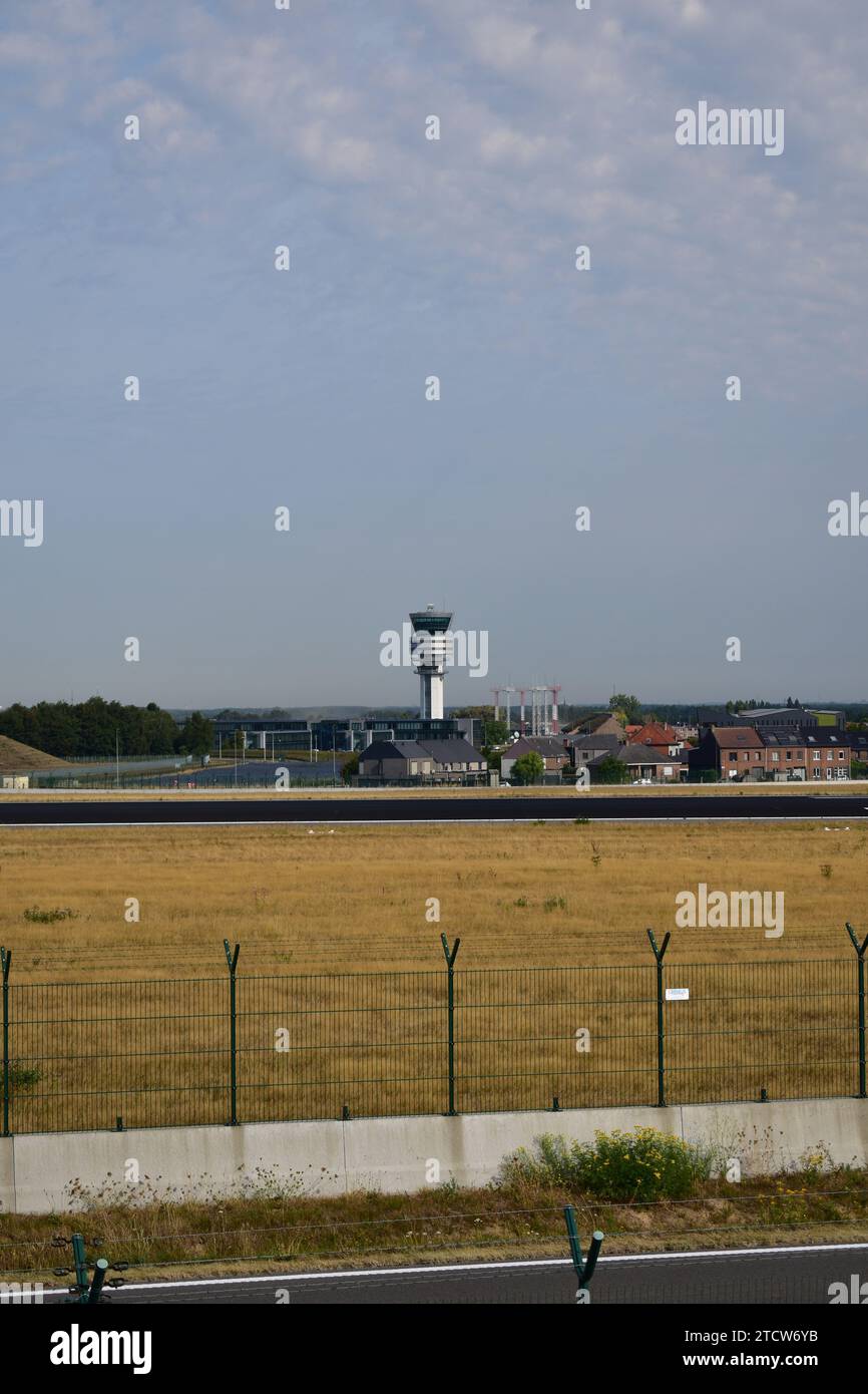 View of the Brussels International Airport control tower from across ...