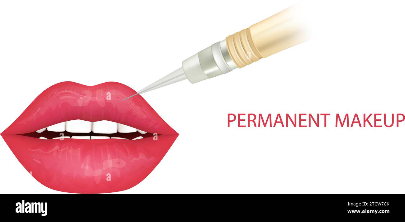 Banner Process applying permanent tattoo makeup on lips in beautician ...