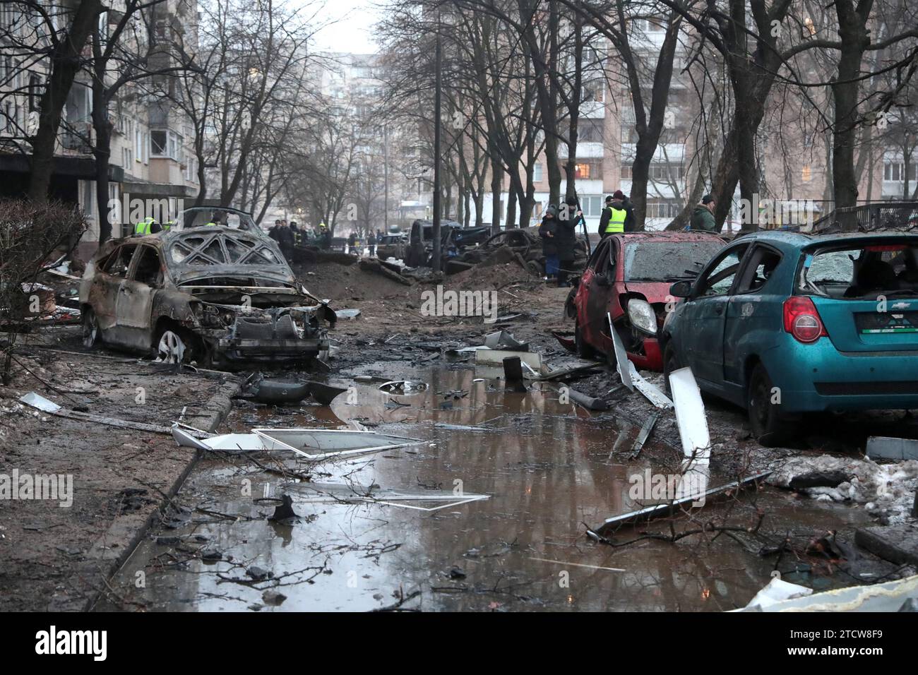 Non Exclusive: KYIV, UKRAINE - DECEMBER 13, 2023 - Cars destroyed by ...