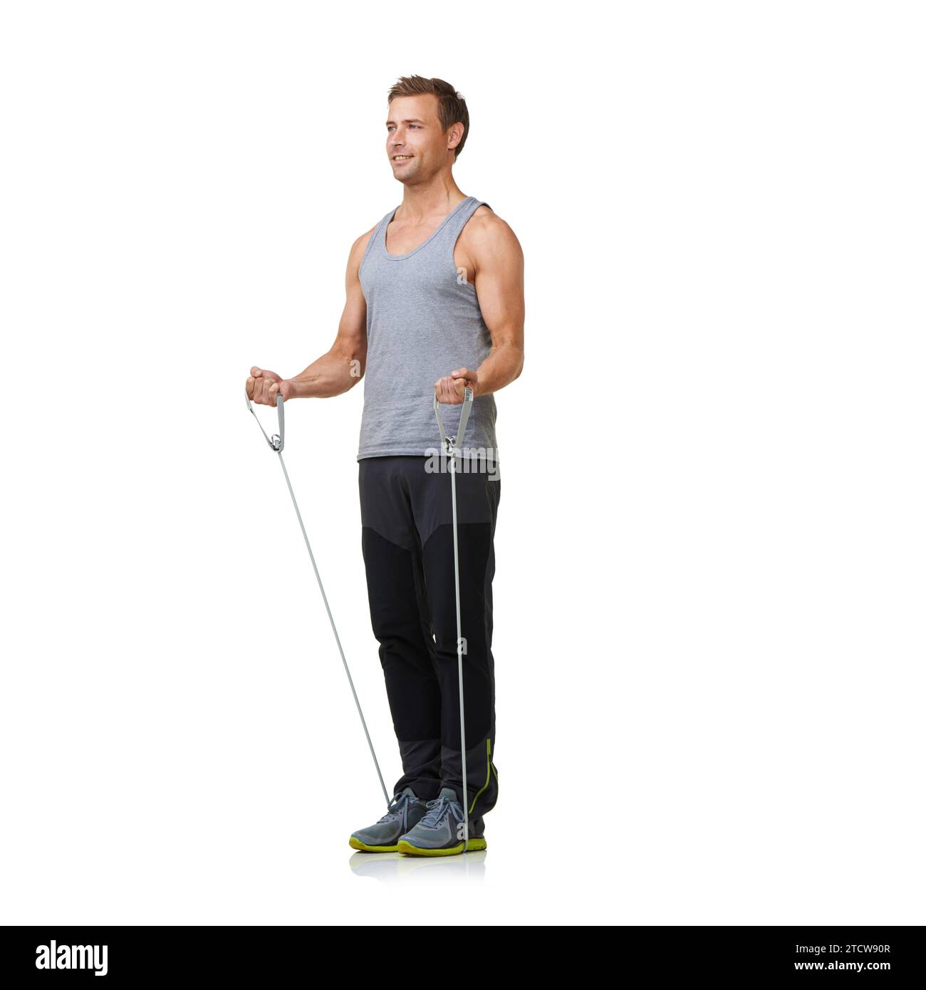 Exercise, man and resistance band to workout in studio, gym and weight ...