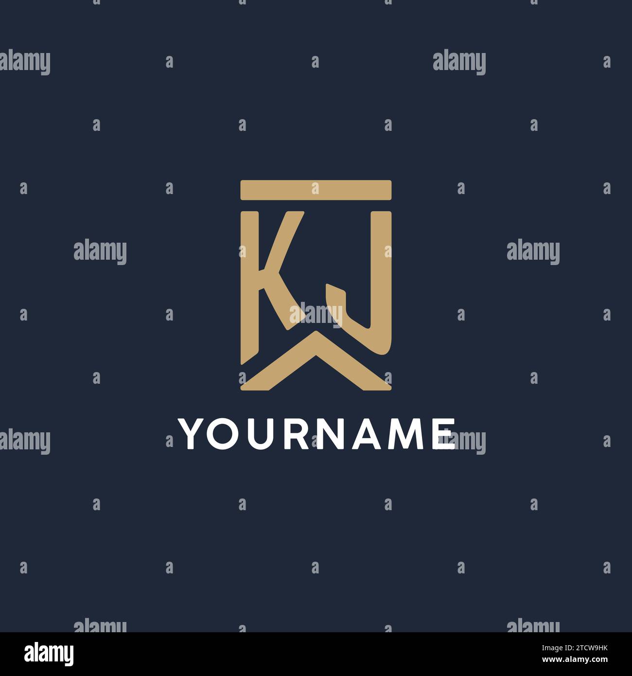 KJ initial monogram logo design in a rectangular style with curved side ...