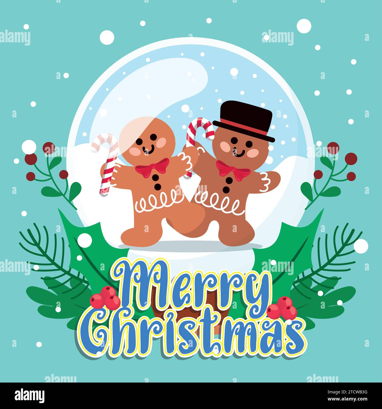 Cute christmas card with gingerbread characters within a crystal ball ...