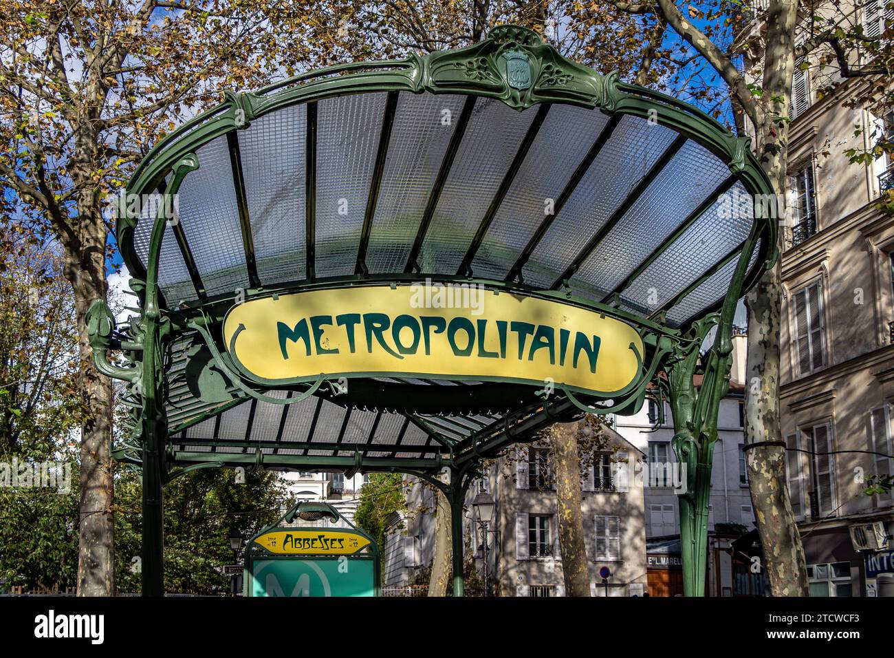 The entrance to Abbesses Metro Station, a Guimard édicule or dragon fly ...