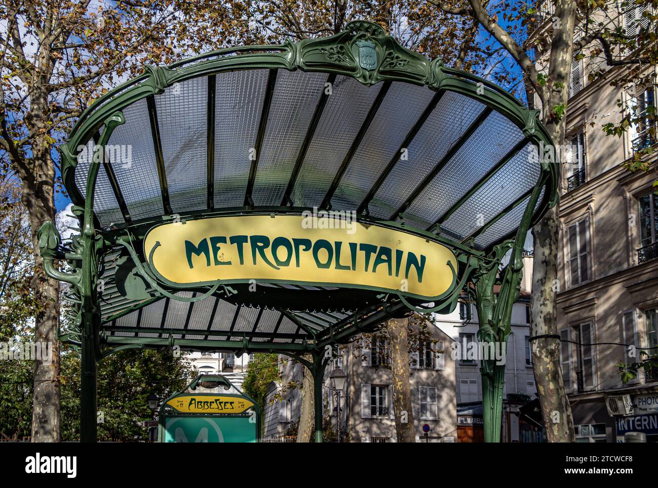 The entrance to Abbesses Metro Station, a Guimard édicule or dragon fly ...