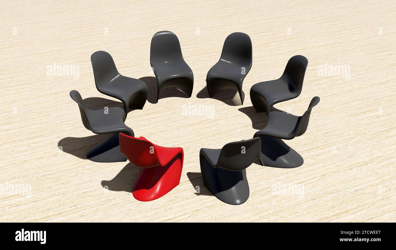 Concept, conceptual red chair standing out in a meeting on a natural ...