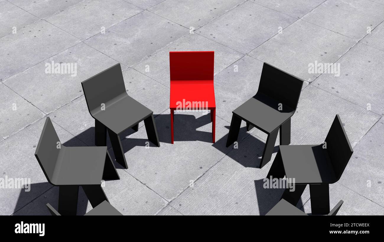 Concept or conceptual red chair standing out in a meeting on a concrete ...