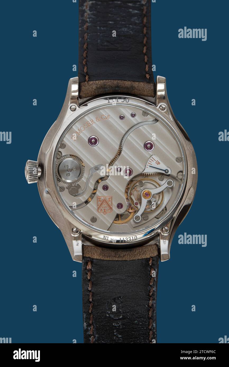 Back of Venturer Big Date Purity Blue Fume wristwatch with gears and ...