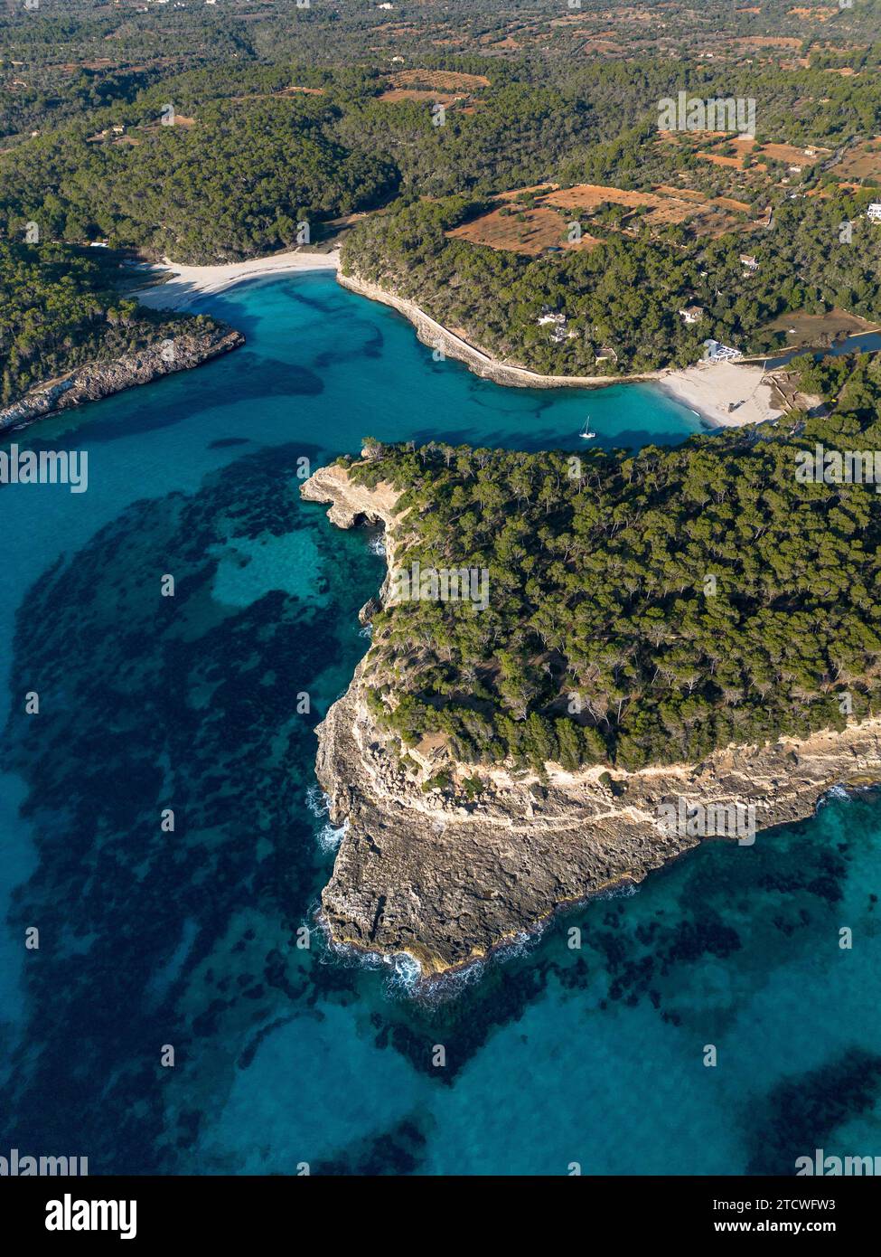 Cala Mondrago beach aerial view, Majorca island, Mediterranean Sea ...