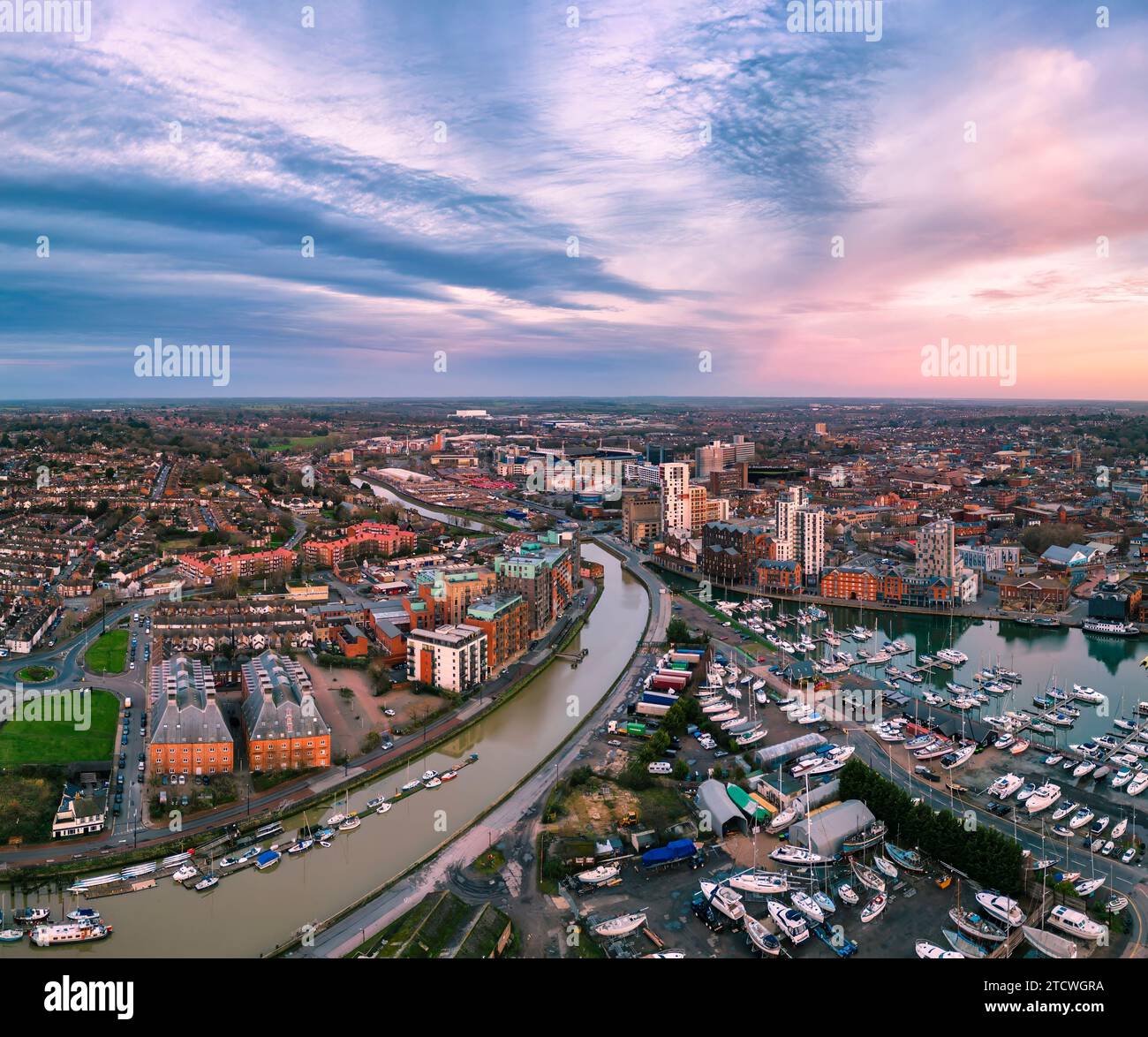 An aerial photo of the Wet Dock in Ipswich, Suffolk, UK at sunrise ...