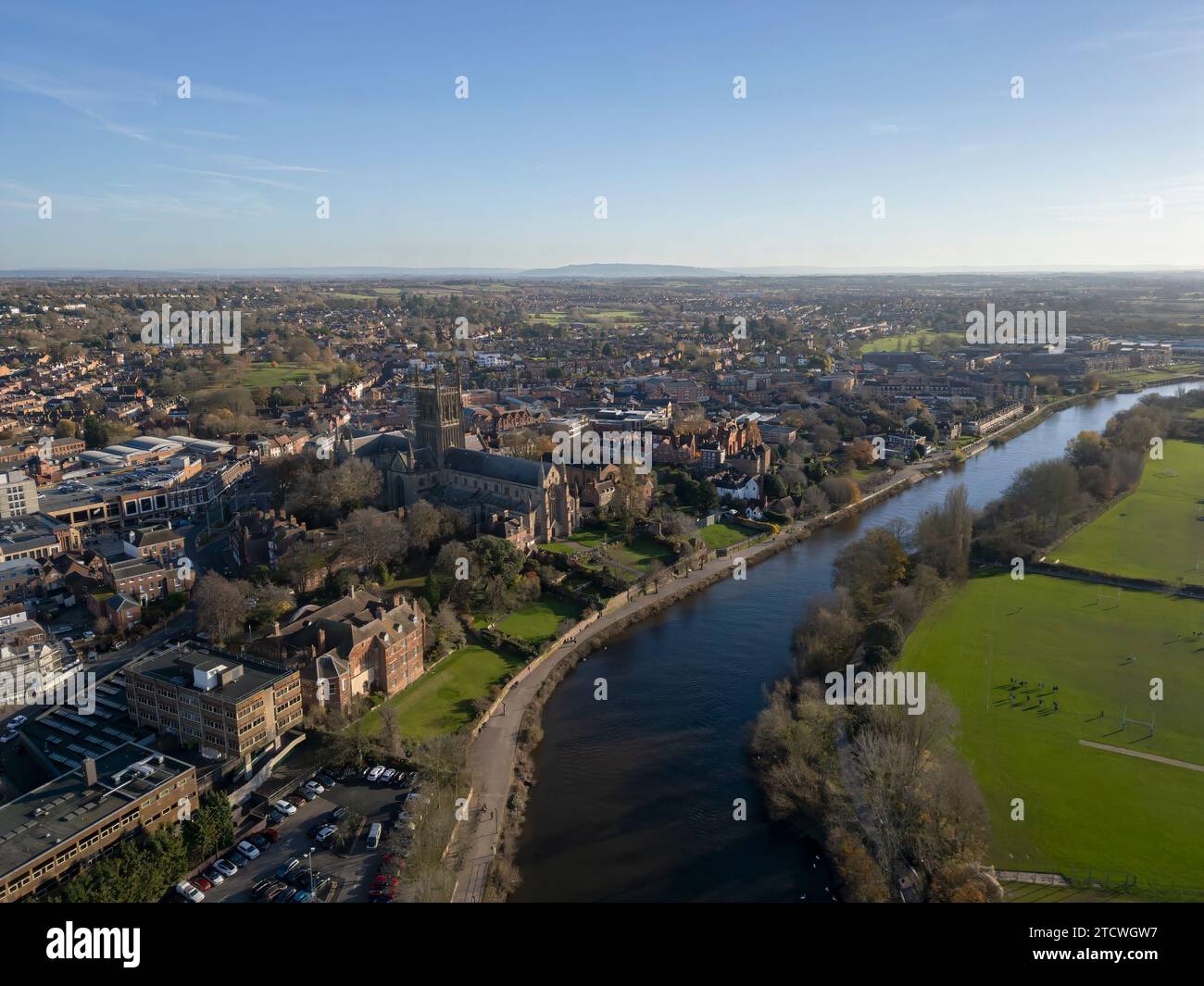 An aerial view of the town of Worcester in Worcestershire, UK Stock ...