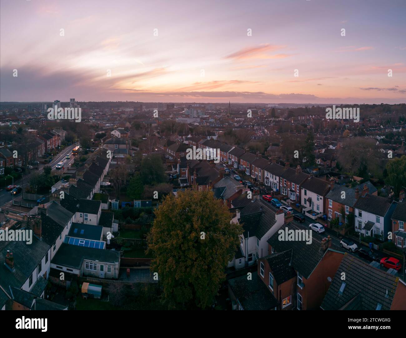 An aerial view of a residential area of Ipswich, Suffolk, UK at sunset ...