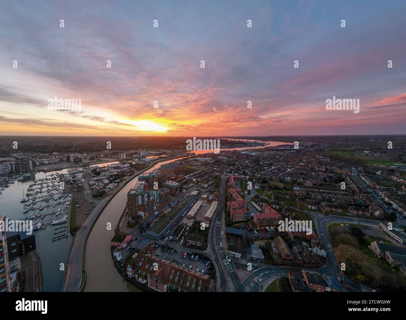 An aerial photo of the Wet Dock in Ipswich, Suffolk, UK at sunrise ...