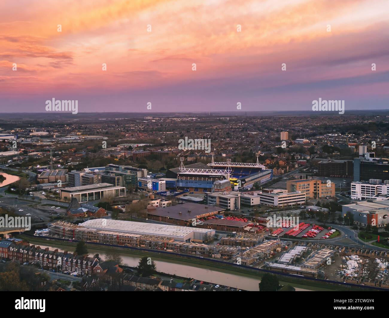 An aerial view as the sun rises over Portman Road stadium in Ipswich ...