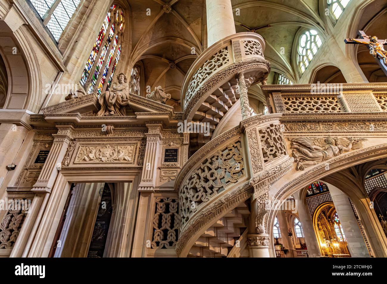 The elaborate sculptured stone jubé, or rood screen inside Saint ...